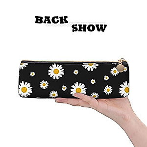 Ykklima White Yellow Daisy Flower Black Leather Pencil Case Zipper Pen Makeup Cosmetic Holder Pouch Stationery Bag for School, Work, Office