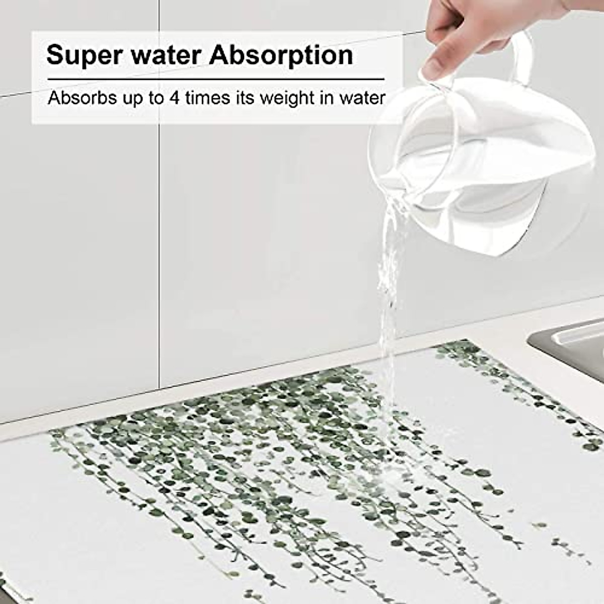 Green Plants Printed Drying Mat For Kitchen Ultra Absorbent Microfiber Dishes Drainer Mats Non-Slip Silicone Quick Dry Pad - 18 X 16inch