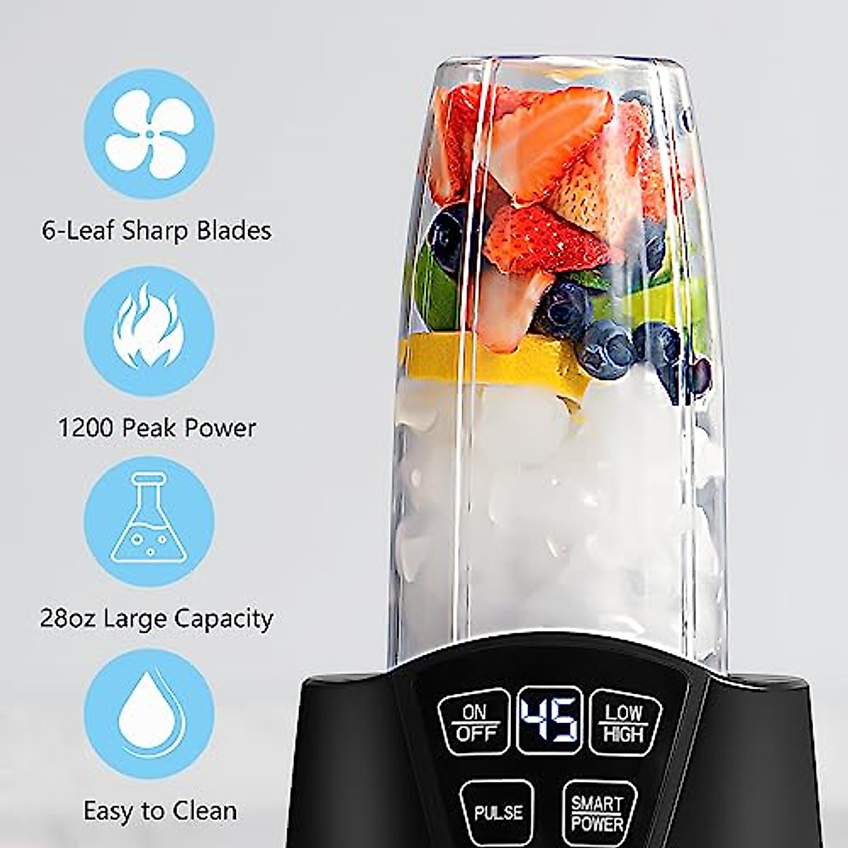 Liebe & Lecker Personal Blender with 1200-Peak-Watts, Smart technology for Frozen Drinks, Shakes, Smoothies & Sauces, with two 28-oz To-go Cups & Spout Lids, Black