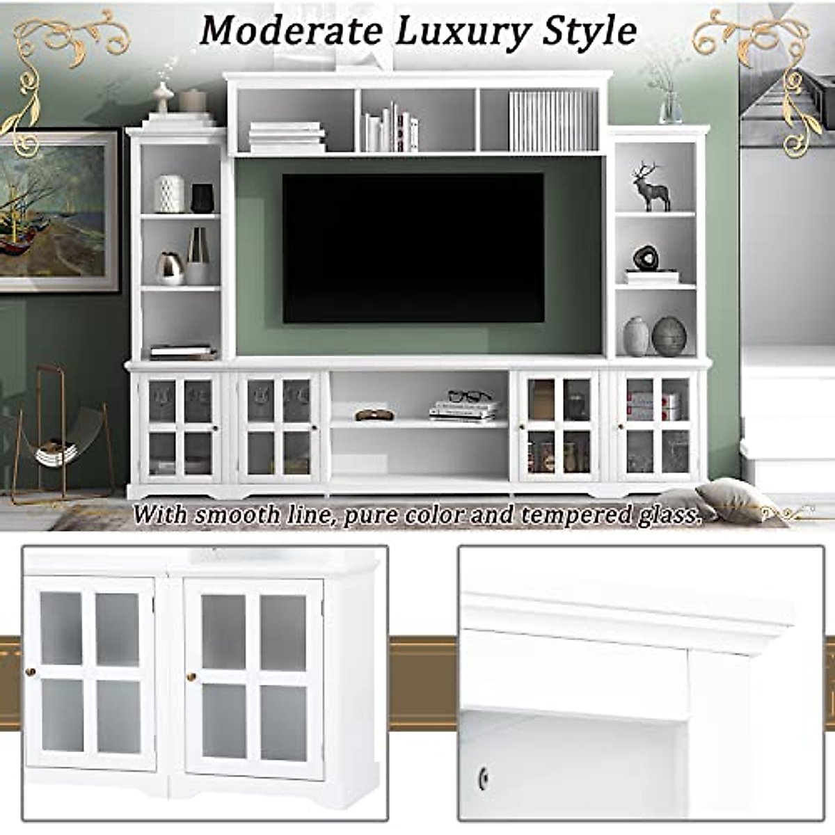 YISUYA Minimalism Style Entertainment Wall Unit with Bridge, TV Stand, Modern TV Console Table for TVs Up to 70”, Multifunctional TV Stand with Tempered Glass Door, Multifunctional TV Stand, White