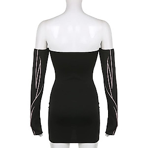 Faretumiya Women Off Shoulder Mini Sweater Dress Knit Bodycon Long Sleeve Off Shoulder Short Dress Y2k Ribbed Pullover Tunic Dress（Sexy Black，Small）