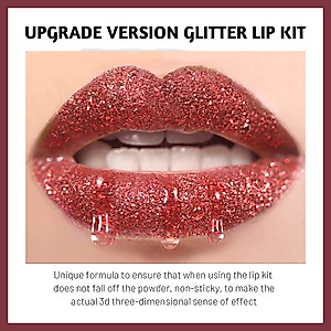 FREEORR 3 Colors Glitter Lip Kit, Diamond and Glitter Metallic Lip Powder with Lip Primer, Waterproof Long Lasting & Smudge Proof, Shimmer Sparkly Glitter Lip Cosmetic without Sticky Flake Off Set A