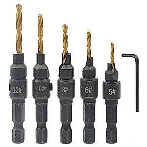 Rowiz 5Pcs Countersink Drill Bits, 1/4 Inch Hex Shank HSS Countersink Drill Bit Set, 5#6#8#10#12 Wood Drill bit with Allen Wrench Tool Set