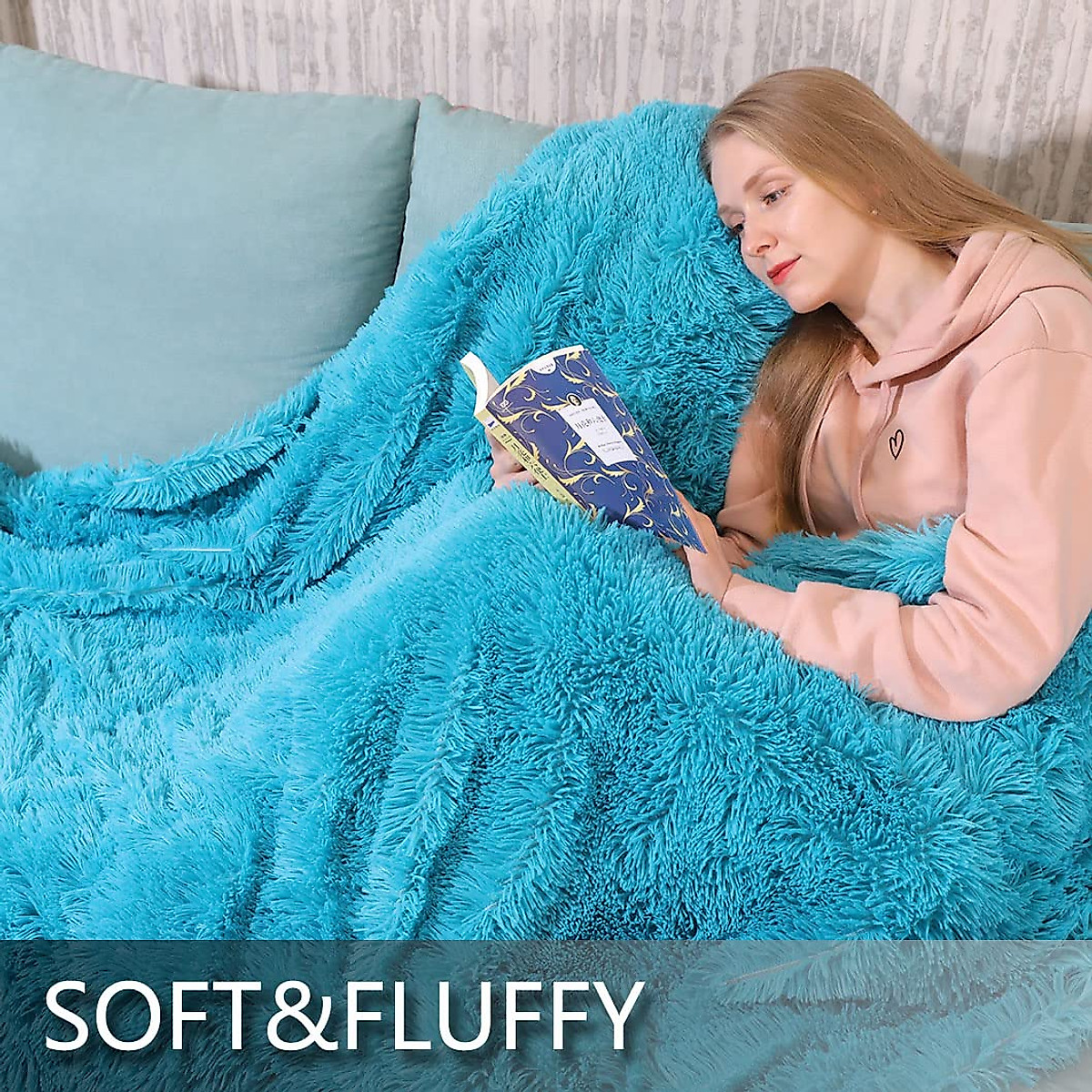 YUSOKI Teal Faux Fur Throw Blanket,2 Layers,50" x 60", Turquoise Soft Fuzzy Fluffy Plush Furry Comfy Warm Blanket for Teens Girls Couch Bed Chair Sofa Bedroom Fall Winter