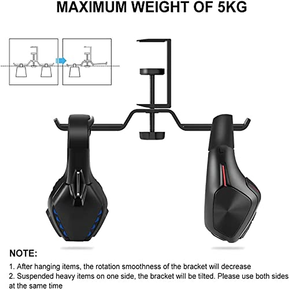 aceyoon Headphone Stand, Under Desk Hanger, Dual Headset Holder, Table Hook for Bag/Backpack/Gaming Headphone, 360 Rotatable, Black