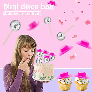 Newmemo Disco Ball Cake Toppers Cowgirl Hat 40PCS Disco Ball Cupcake Toppers Disco Ball Cake Pick Mini Western Cowgirl Hat Cake Decorations for Disco 1970s Theme Bachelorette Birthday Party Supplies