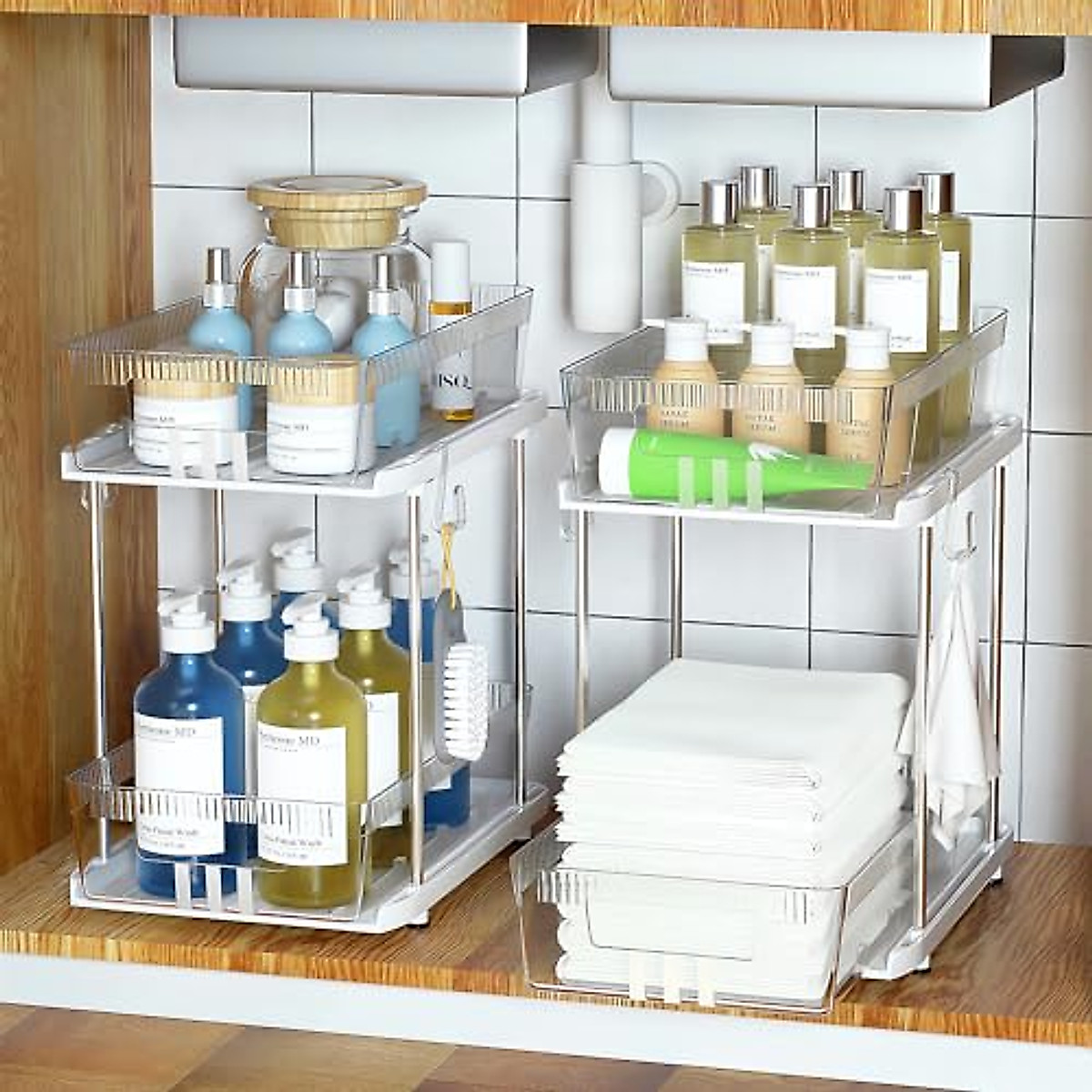 2 Tier Under Sink Organizers with Dividers and Lids, Snack Organizer for Pantry, Kitchen, Vanity, Medicine Drawer Storage (Adjustable)