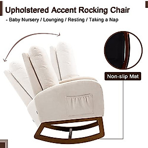 Antetek Modern Accent Rocking Chair, Upholstered Nursery Glider Rocker for Baby and Kids, Comfy Armchair with Side Pocket, Living Room Lounge Arm Chair with High Backrest (Beige)