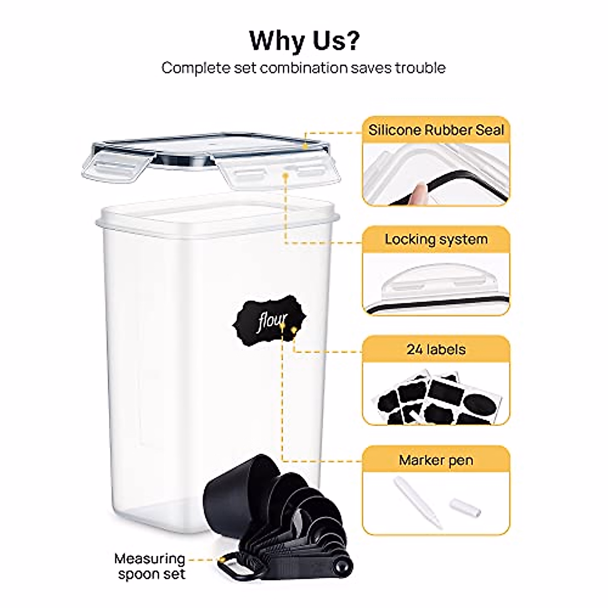 Kootek Cereal Containers Storage Set, 16 Pcs Pantry Kitchen Organization and Storage Airtight Food Storage Container, Leakproof 25.2L with Pen, Chalkboard Labels, Measuring Spoon Set