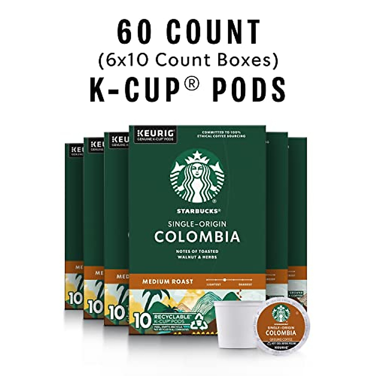 Starbucks Medium Roast K-Cup Coffee Pods — Colombia for Keurig Brewers — 6 boxes (60 pods total)