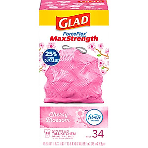 Glad ForceFlexPlus Tall Kitchen Drawstring Trash Bags, 13 Gallon Trash Bag, Febreze Cherry Blossom, 34 Count