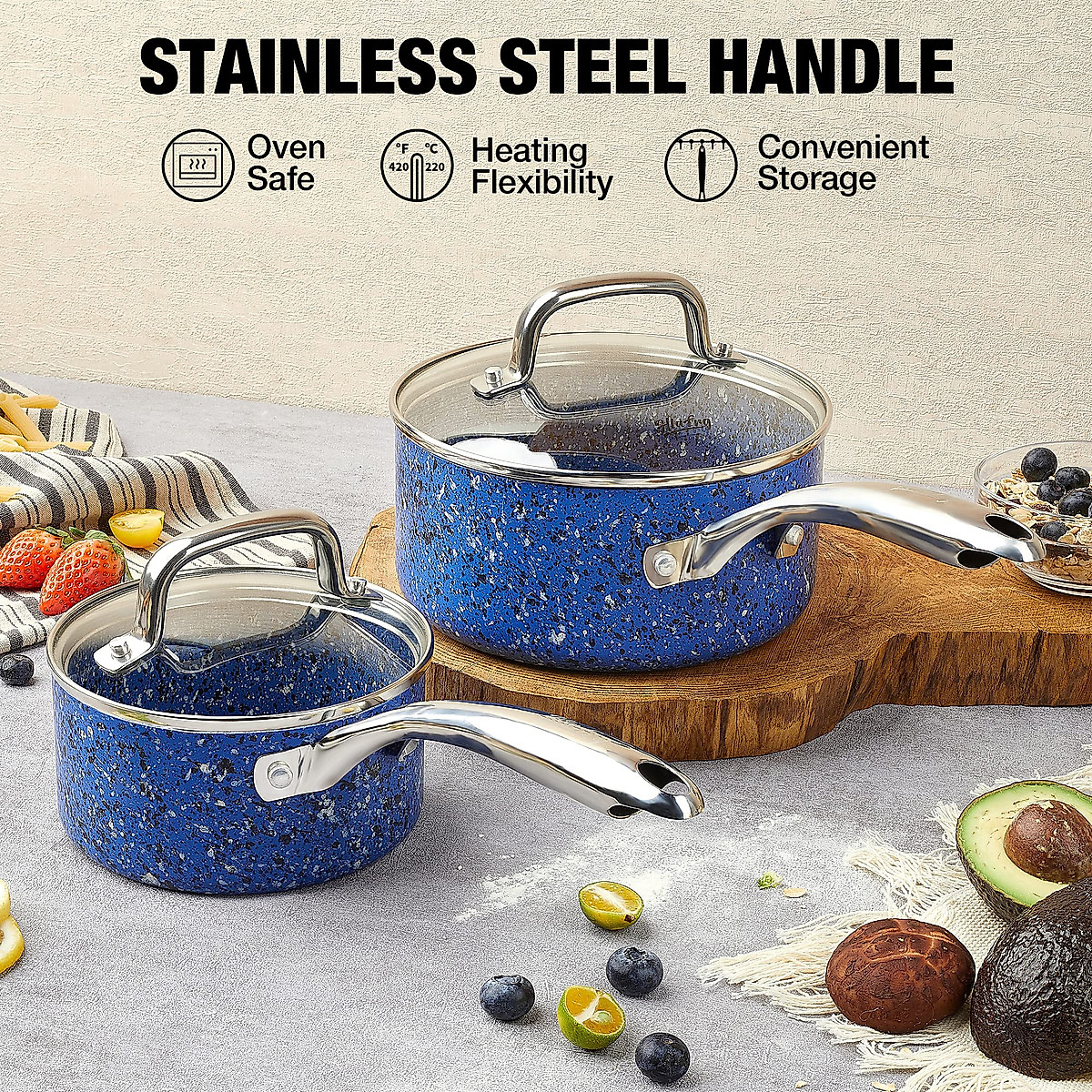 HLAFRG Kitchen Nonstick Saucepan Set - 1 Quart and 2 Quart Sauce Pan Set with Lid - Multipurpose Pots Set Use for Home Kitchen or Restaurant (Blue Granite)