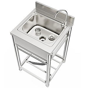 ROOMTEC 304 Stainless Steel Single Bowl Utility Sink Set, Commercial Restaurant Kitchen Sink, Outdoor Sink with Workbench & Storage Shelve with Hot and Cold Water Pipes (22 in)