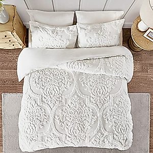 Madison Park Tufted Chenille 100% Cotton Duvet- Modern Luxe All Season Comforter Cover Bed Set with Matching Shams, King/Cal King(104"x92"), Damask Off White 3 Piece