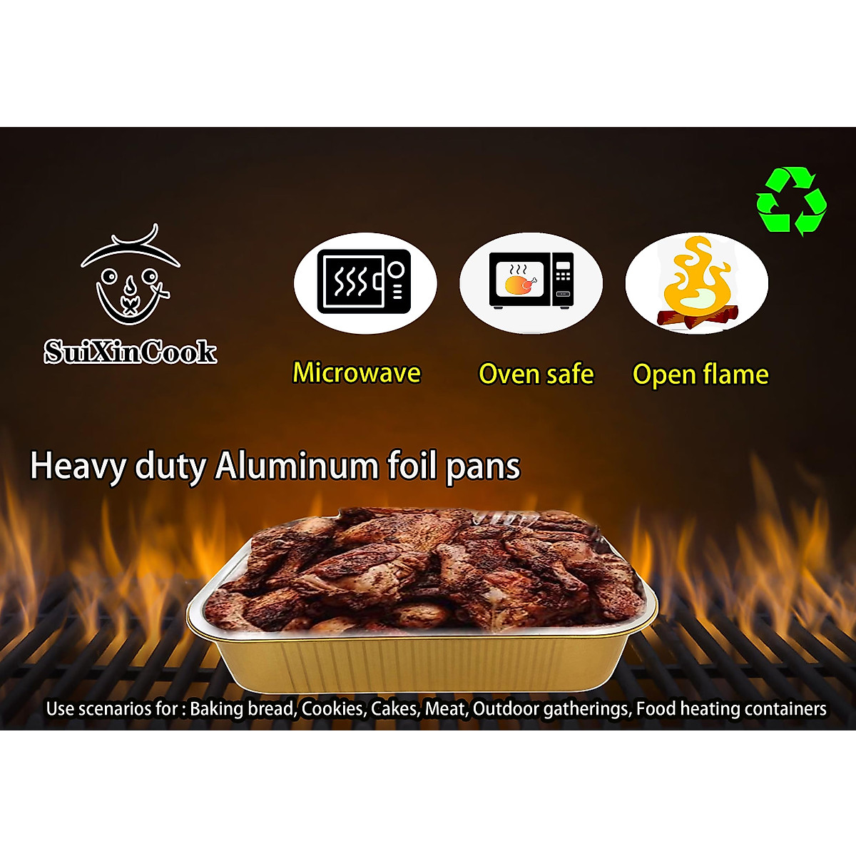 SuiXinCook Gold Aluminum Foil Baking Pan with lids Heavy Duty 9"×13"(10pack+10Lids), Double thickening, Disposable cake pans,Microwave oven safetyle. for Cooking,，Heating,Storage, BBQ
