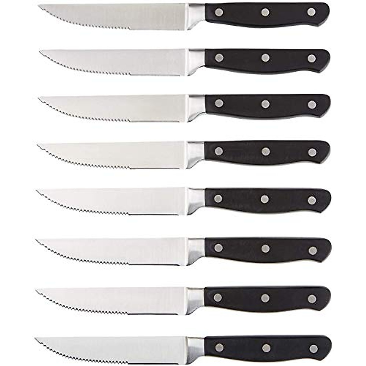 Amazon Basics Premium 8-Piece Kitchen Steak Knife Set, Black & Stainless Steel Dinner Spoons with Round Edge, Pack of 12
