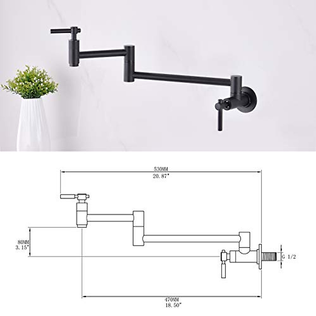 BZOOSIU Pot Filler Faucet Wall Mount, Double Joint Swing Arms Solid Brass Folding Faucet, Single Hole Two Handles Wall Mount Kitchen Faucet, Matte Black