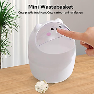 Cute Mini Desktop Trash Can, Cartoon Cat Animal Shape Waste Paper Bin with Swing Lid Mini Countertop Trash Can Small Garbage Can(White)