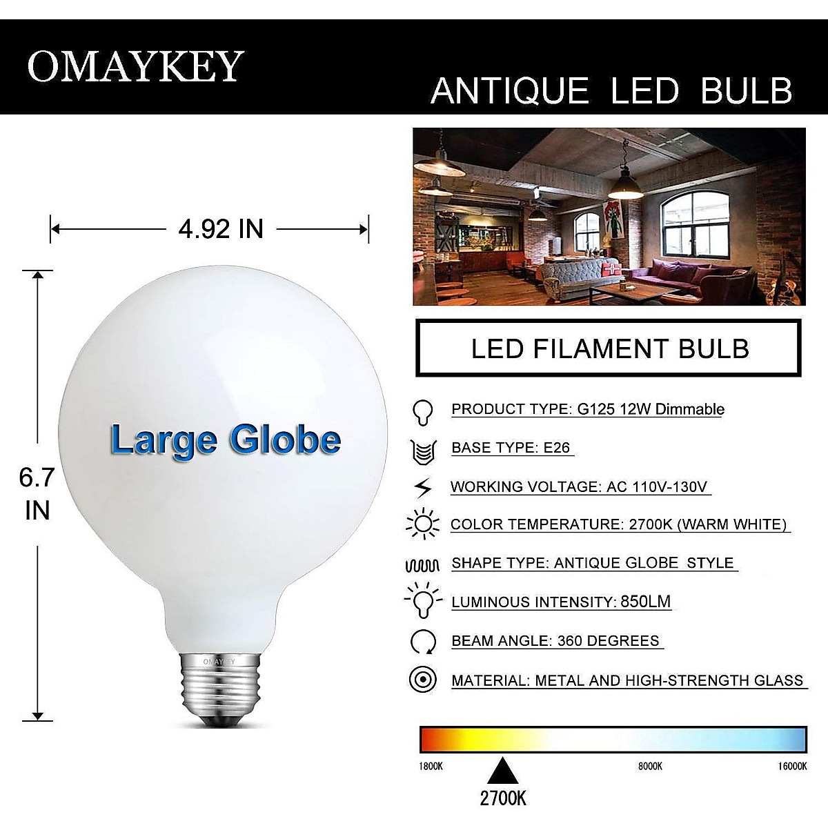 OMAYKEY 12W Dimmable Large LED Globe Bulb 85W Equivalent 850 Lumens, 2700K Warm White E26 Medium Base, Vintage Edison G125 Large Globe Milky Glass LED Filament Light Bulb, Deep Dimming Version