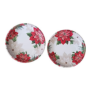 Festive Christmas Holiday Poinsettia Printed Round Tin Serving Trays, 10 in. - 2 CT