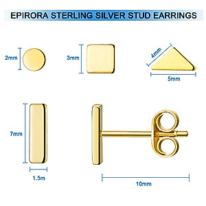 Sterling Silver Stud Earrings for Women Men- 4 Pairs of Hypoallergenic Simple Geometric Small Stud Earring Set Tiny Circle Triangle Square Bar Stud Earrings Mini Cartilage Tragus Earrings(Gold)