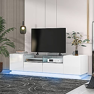 Harper & Bright Designs TV Stand with Tempered Glass, Modern High Gloss Entertainment Center for TVs Up to 70¡±, TV Cabinet with Storage and LED Color Changing Lights for Living Room, White