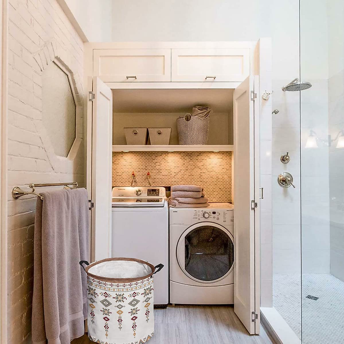 Big Laundry Basket Storage, Southwest Native American Tribal Totem Boho Waterproof Canvas Laundry Hamper, Round Collapsible Basket with Handles for Nursery Laundry Room Home Office