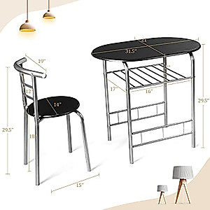 Harmony-Furniture 3-Piece Dining Table Set, Kitchen Table Set with Metal Frame & Shelf Storage, Compact Dining Table and Chairs Set for Kitchen, Restaurant, Café, Bistro (Black & Sliver)