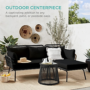Best Choice Products Outdoor Rope Woven Sectional Patio Furniture L-Shaped Conversation Sofa Set for Backyard, Porch w/Thick Cushions, Detachable Lounger, Side Table - Black