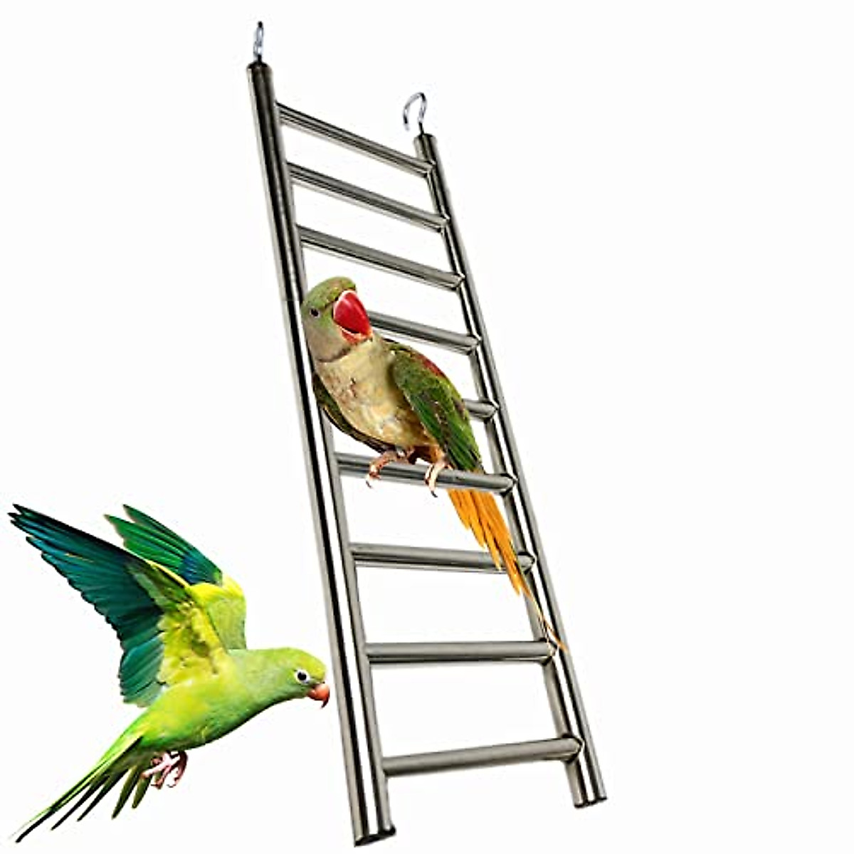 GEKMOR Parrot Ladder 9-Step Stainless Steel Rustproof Metal Nonskid Smooth Portable Bird Cage Ladder with Hooks Cockatiel Stand Ladder for Parrots Parakeets Cockatoos Lovebirds