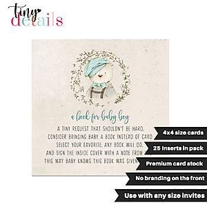 Paper Clever Party Teddy Bear Bring a Book Cards for Baby Shower (25 Pack) Boys Invitation Insert for Bow Tie Parties – Rustic Greenery Theme Blue – 4x4 Printed Card Set