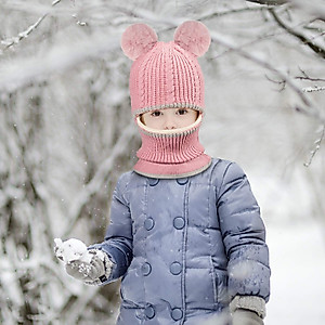 2 Pieces Kids Hood Scarf Kids Knit Hat Winter Thick Earflap Skull Caps for Boy Girls (Pink, Gray)