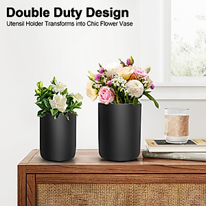 YKDGBRE Ceramic Utensil Holder for Kitchen Counter, Black Kitchen Utensil Holder for Countertop, 2 Pcs Cooking Utensil Crocks for Spatula, Spoon, Forks, Plant