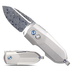 XTOUC Small Pocket Knife,1.38" Damascus Blade EDC Folding Knives with Button Lock Titanium Handle Knifes TD774