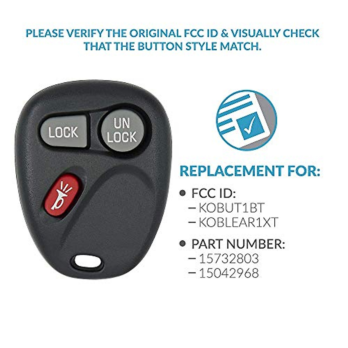 Keyless2Go Replacement for Keyless Entry Car Key Fob Vehicles That Use 3 Button KOBLEAR1XT 15042968 Remote, Self-programming