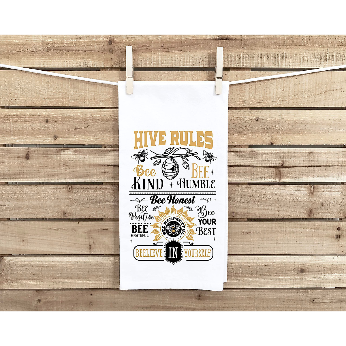 Honey Bee Kitchen Towels with Hanging Loop - Set of 5 100% Cotton Flour Sack Hand Towels - Home Decor Housewarming Hostess Mother's Day Gift for Bee Lover
