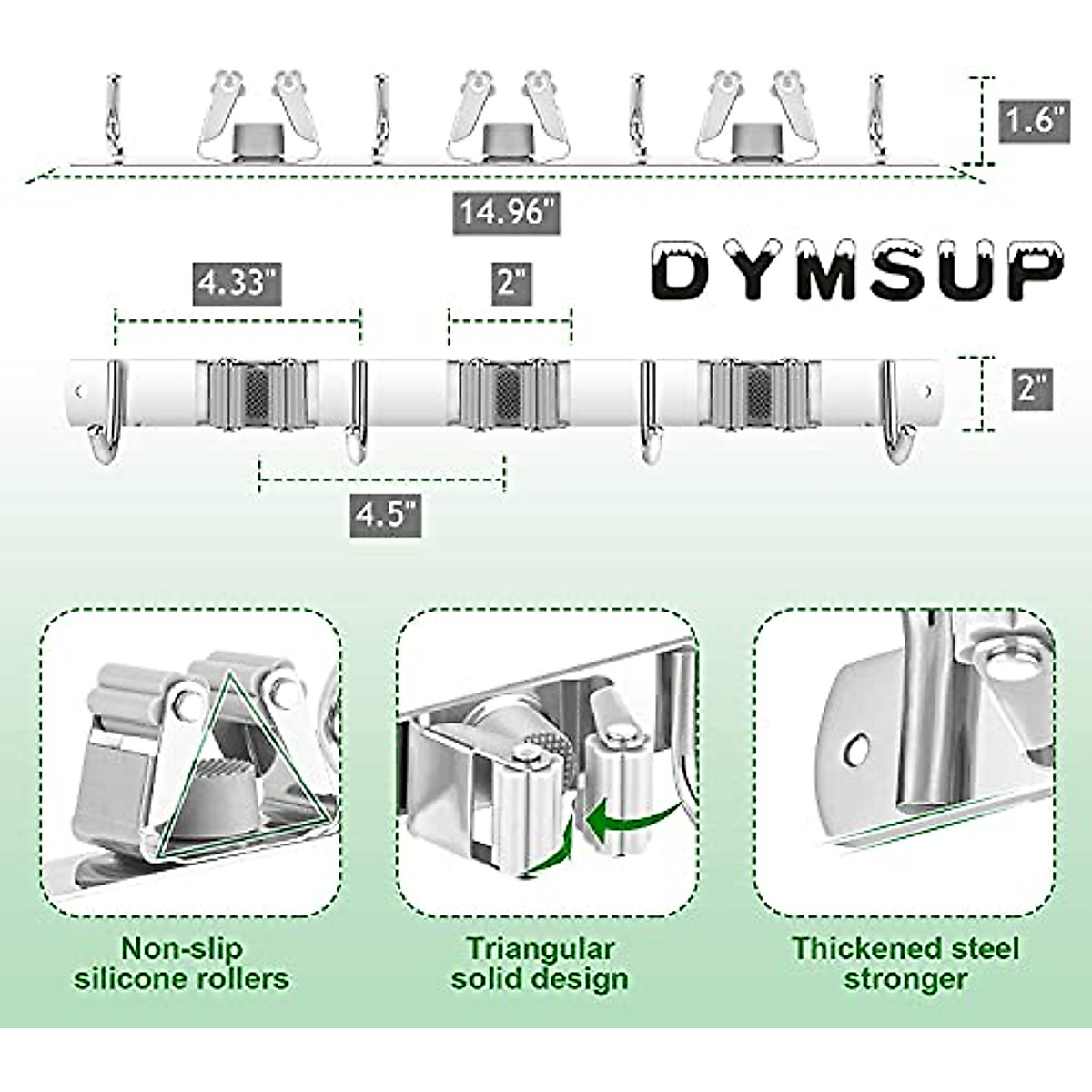 DYMSUP Mop Broom Holder Wall Mounted,3 Rack 4 Hooks Heavy Duty Mop and Broom Organizer Wall Hanging,Stainless Steel Broom Closet Garden Garage Door Tools Hanger Storage 1 Pack