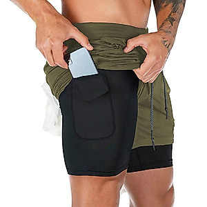 BOOMLEMON Men's 2-in-1 Running Workout Shorts Gym Training Athletic Short Pants with Towel Loop(Army Green M)