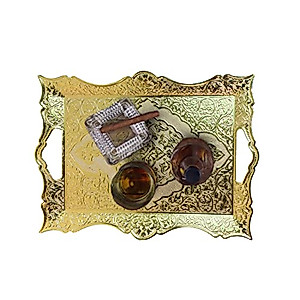 ChanceGift Turkish Tea Coffee Beverage Dinning Gold Serving Tray and Platters with Handled Ottoman Motif Decorative Middle Table Rectangular (16.1x11.6x1Inc) 40x29.5x2cm