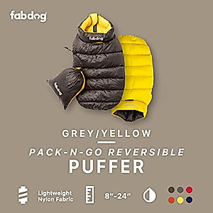 fabdog Dog Puffer Coat - Reversible Pack N Go Dog Coats for All Breeds - Comfy & Colorful Dog Jackets are Ideal Gifts - Clothes Fit Necks 8" | Yellow/Grey