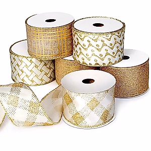 Gold Ribbon Wired Christmas Tree Ribbon 2.5 Inch Xmas Ribbons 6 Rolls 36 Yards Burlap Organza Sheer Mesh Metallic Glitter Crafts Decorating Gift Wrapping Bows Gift Wrap Bow Tree Topper Wreath