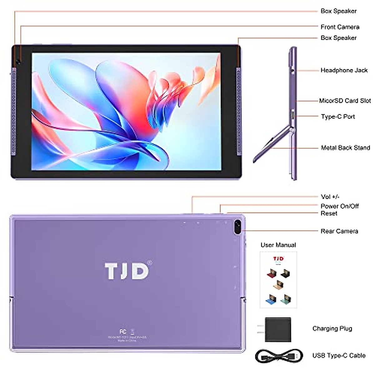 TJD Android 12 Tablets,10.1 inch Tablet PC, 4GB RAM 64GB ROM 512GB MicroSD, FHD IPS Display, Dual Camera, Double Stereo Speakers, Wi-Fi5.0/2.4, Bluetooth5.0, Google GMS Certified (Purple)