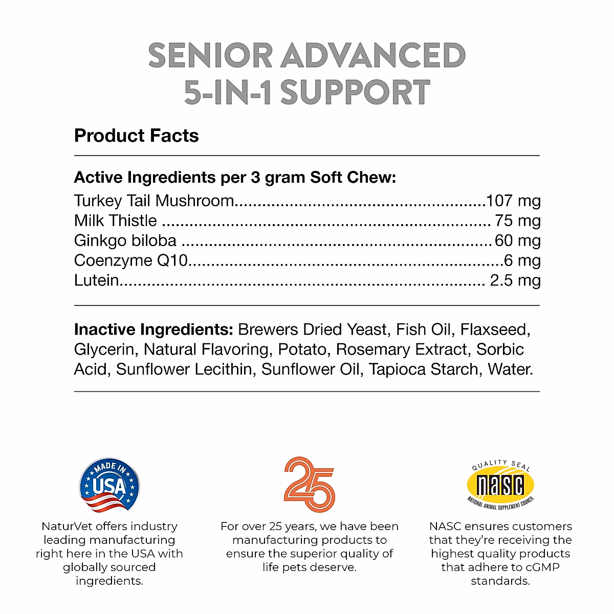 NaturVet Senior Advanced 5-in-1 Support Dog Supplement – Helps Support Immune System, Heart, Liver, Cognitive Function, Eye Health – Includes Ginkgo Biloba, Lutein – 60 Ct.