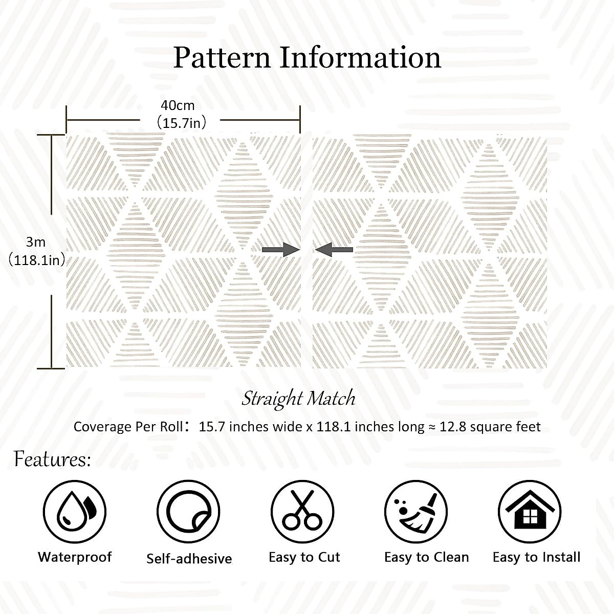 Nukofal Modern Peel and Stick Wallpaper Geometric Beige and White Wallpaper 15.7''x118.1'' Stripe Contact Paper Self Adhesive Removable Wallpaper for Bedroom Bathroom Drawer Cabinets Decor Vinyl