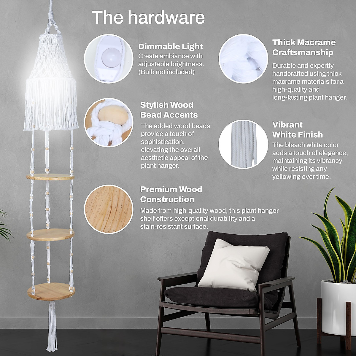 Boho Floor Lamp with Macrame Lamp Shade - Boho Hanging Lights with Plug in Cord - Boho Pendant Light for Cozy Spaces - Hanging Lamps for Living Room Plug in - Bohemian Living Room Decor Boho Lighting