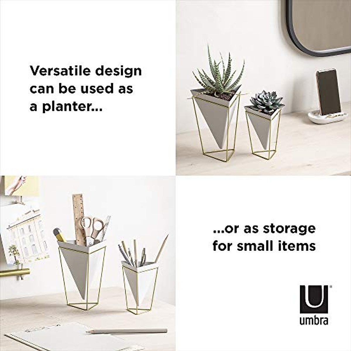 Umbra - 1004372-524 Trigg Desktop Planter Vase & Geometric Container-for Succulent, Air, Mini Cactus, Faux Plants and More, Desk, White/Brass