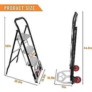 2 in 1 Aluminum Hand Truck & Ladder 3 Step Ladder Step Stool for Adults with Wide Anti-Slip Pedal and 6’’ Rubber Wheels 330lbs Capacity Sturdy Steel Ladder Portable Steel Step Stool Dolly
