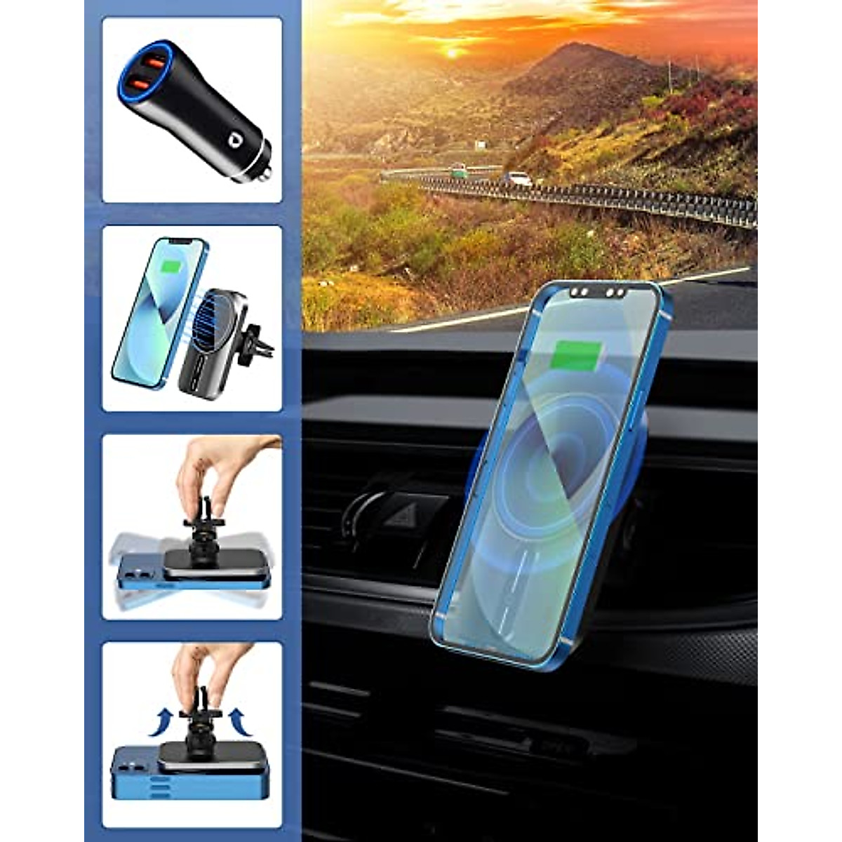 Magnetic Wireless Charger with QC3.O car Adapter WAITIEE Car Charger Mount for iPhone 14/13/12 Series with Air Vent Phone Holder 360° Adjustable Fast Car Charging