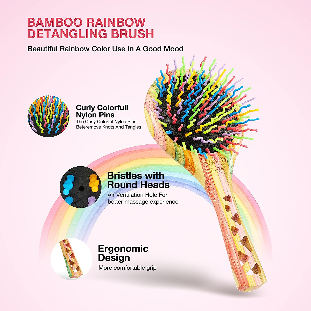 Bamboo Hair Brush, Girls Hair Brush, Rainbow Bamboo Paddle Hair Brushes for Women, Men and Kids, Health and Massage Scalp Brush Everyday Brush(Large)