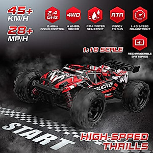 RÄDER DRÜCKE RC Cars-1:18 Scale 45+KM/H High Speed RC Car Hobby Grade Remote Control Car 4x4 Off Road Monster Car, All Terrain Waterproof Toys for Kids Adults with 2 Rechargeable Batteries